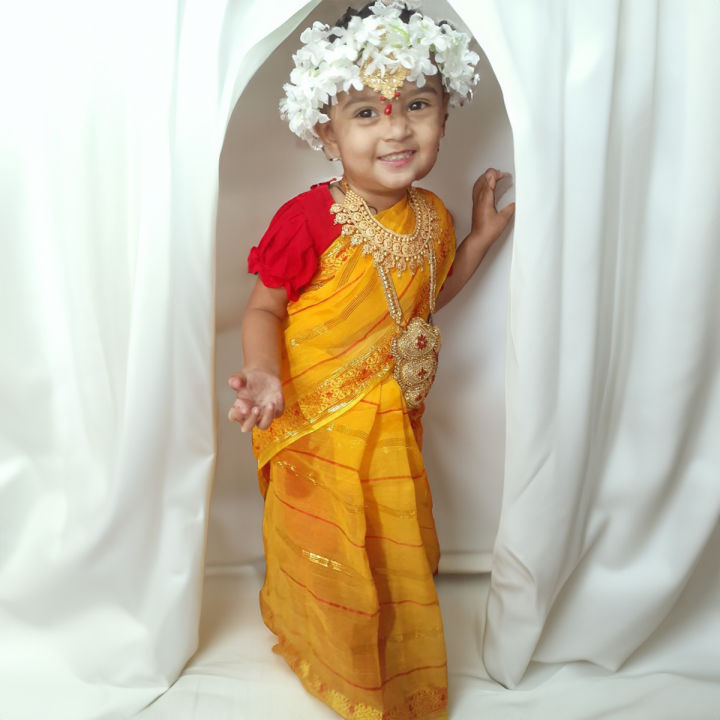 Cotton saree for child fashion (7 haat) yellow color | Daraz.com.bd