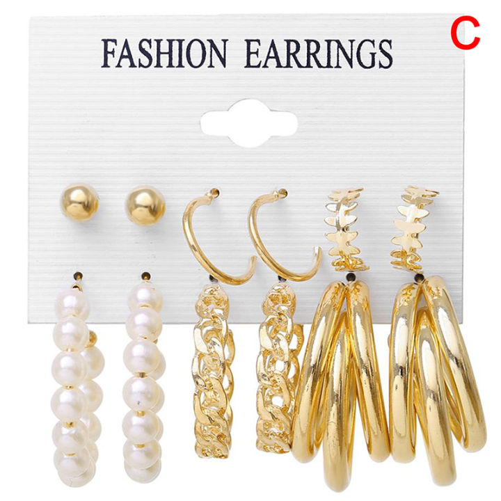 Vintage Geometric Earrings Set For Women Punk Pearl Dangle Drop Earrings Jewelry | Daraz.com.bd