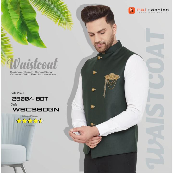 Raj Fashion VASTRAMAY Bottle Green Solid Embellished Nehru Jacket ...