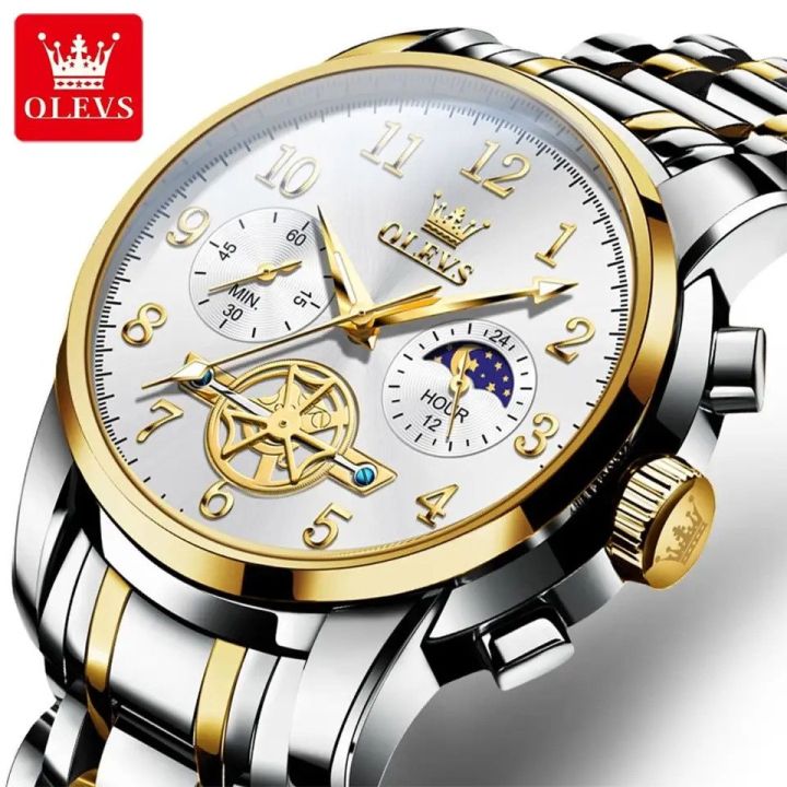 Olevs 2903 Silver Golden Two Tone Stainless Steel Chronograph Wrist ...
