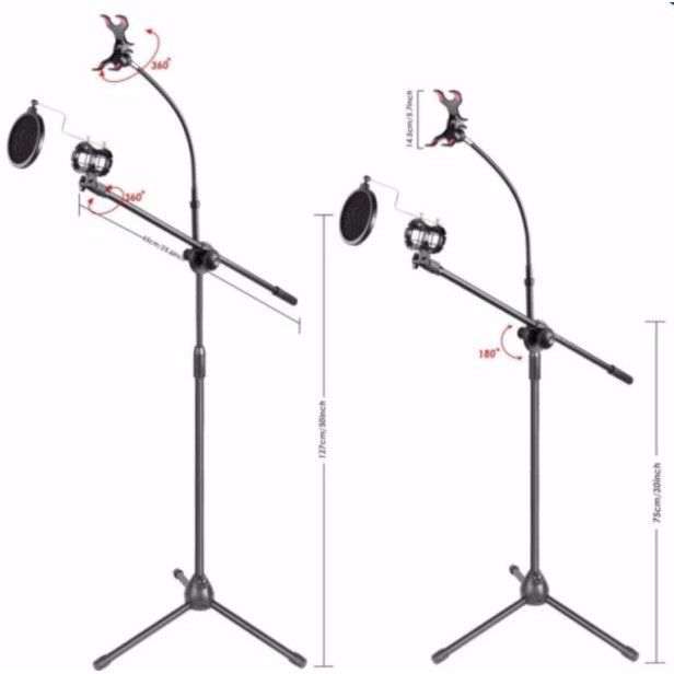 Metal Microphone Floor Stand with Boom Arm 360° Rotating Phone Holder ...