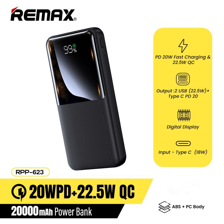 REMAX RPP-623 20000mAh PD 20W+QC 22.5W Fast Charging Digital Display Power Bank - Black | Daraz ...