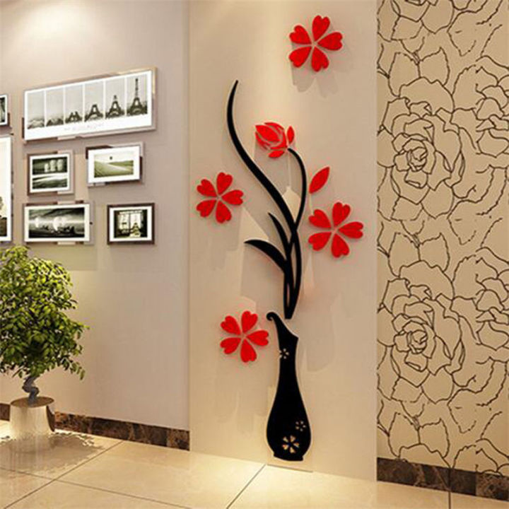3D Acrylic Vase Red Flower Wall Stickers for Living Room Bedroom Sofa ...