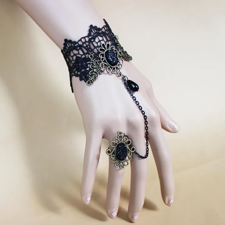 Gothic style black lace beaded ancient women wrist chain ring one chain ...