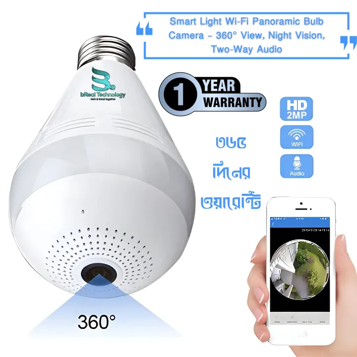 Smart Light Wi-Fi Panoramic Bulb Camera – 360° View, Night Vision, Two ...