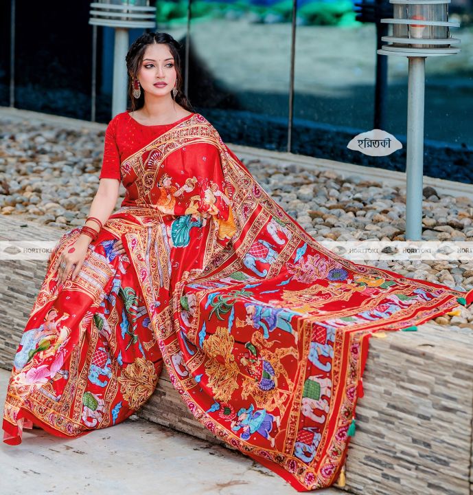 Durga Puja Patachitra Painting Horitoki Special Saree For Women | Daraz ...