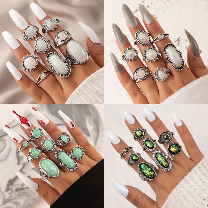 Vintage Antique Silver Color Rings Sets Colorful Opal Crystal Stone ...