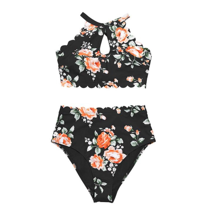CUPSHE Green Floral Halter Bikini Sets Women High Waist Two Pieces ...
