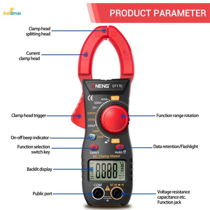 Handheld Clamp Meter Multimeter Digital Volt Current Tester LCD Screen ...