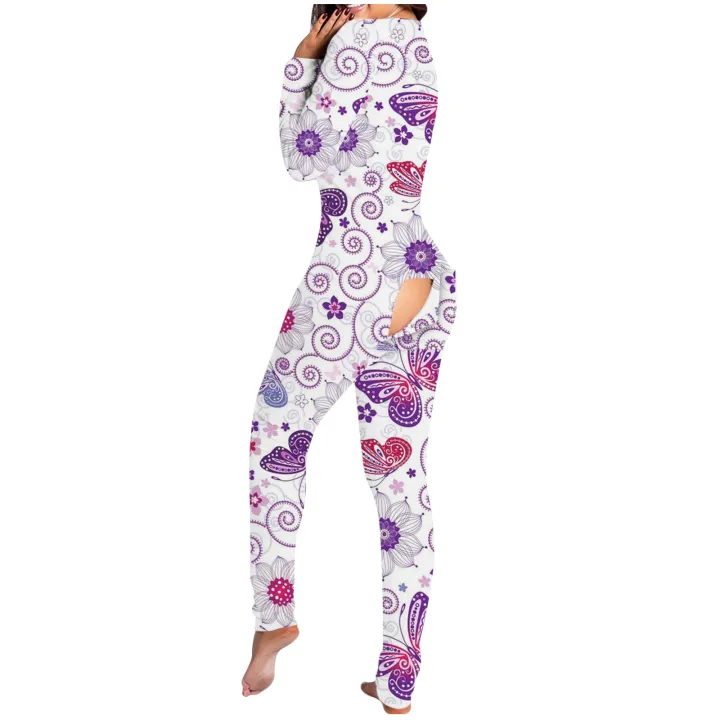 Women Full Body Pajama Sleepwear Jumpsuit Long Sleeve Butt Flap Romper ...