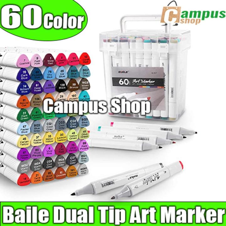 Baile Art Marker Pen Flat/Thick Tip 60 Colours Box for Artists ...