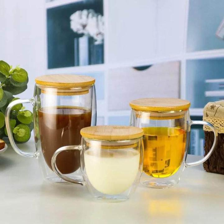 Double Wall glass mug with Wooden Lid 350ml - Coffee Mug | Daraz.com.bd