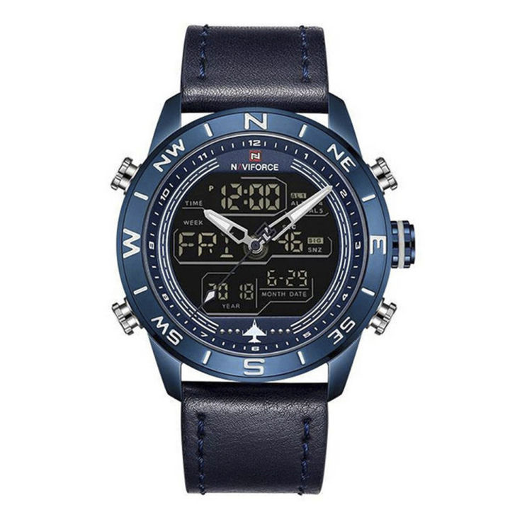 NAVIFORCE NF9144 Navy Blue PU Leather Dual Time Wrist Watch For Men ...