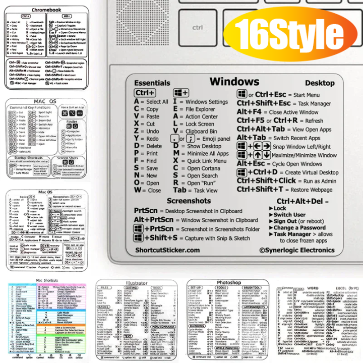 16 Style Computer Reference Keyboard Shortcut Sticker for PC Laptop ...