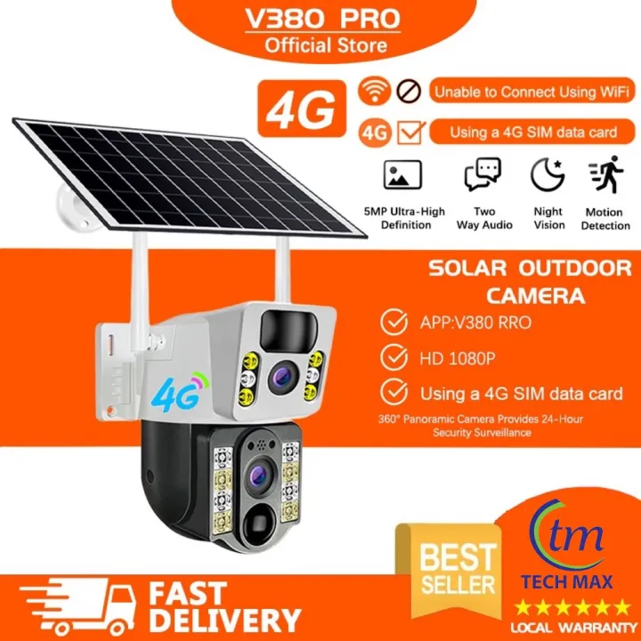 V380 PRO 4G Sim-Supported Dual Lens Solar Battery Backup PTZ IP Camera Waterproof, Two-Way Audio ...
