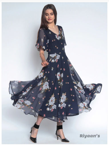 Trendy & Beautiful V Neck Printed Long Frock with elastic waist for ...