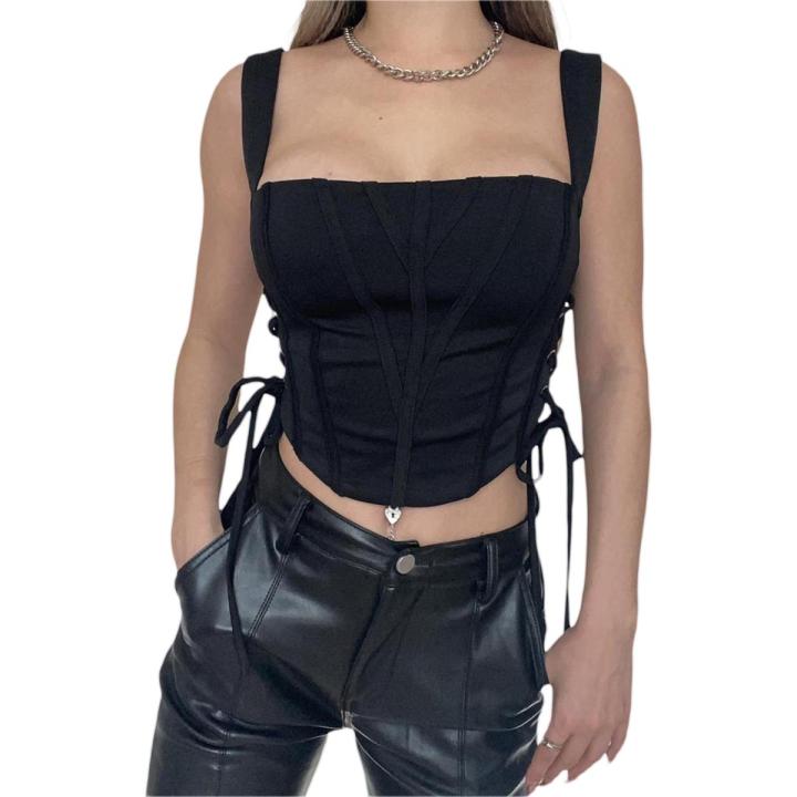 Women's Strap Tank Corset, Vintage Tie-Up Side Solid Color Overbust ...