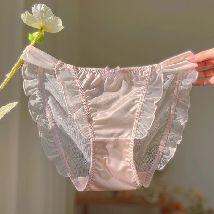 Women Mesh Satin Lace Ruffles Underwear Transparent Bow Cute Lovely Low ...