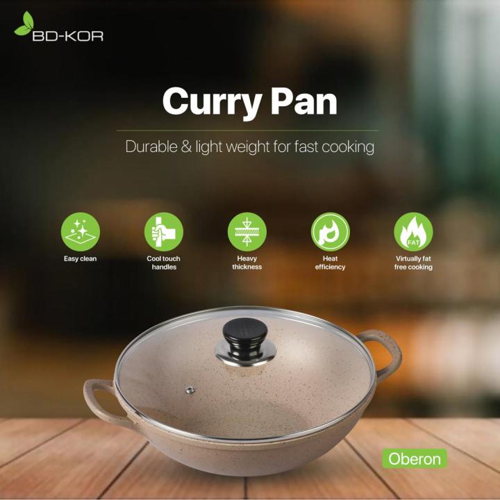 BD-KOR CURRY PAN 28CM Non-Stick Premium Marble Coating with Glass Lid ...