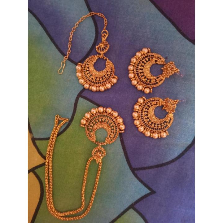 ForGolden Metal Pearl Necklace with Earring and Tikli Set For Women ...