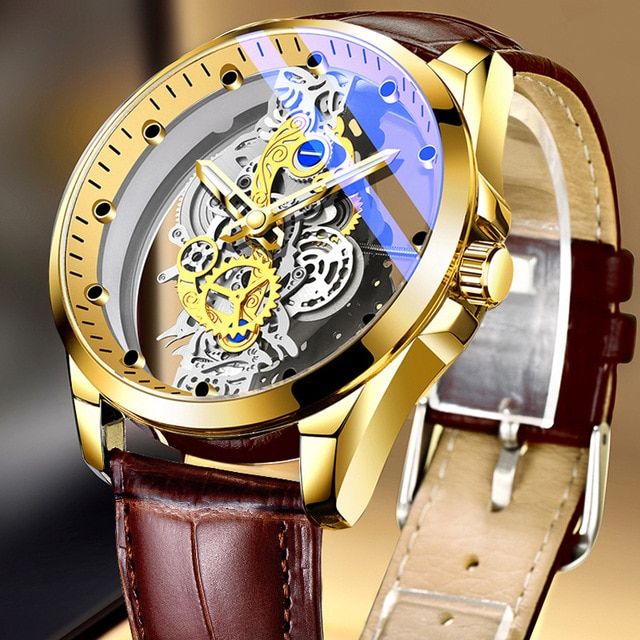 Wristwatch Double Hollow Automatic Machine Stainless Steel Men Watch ...