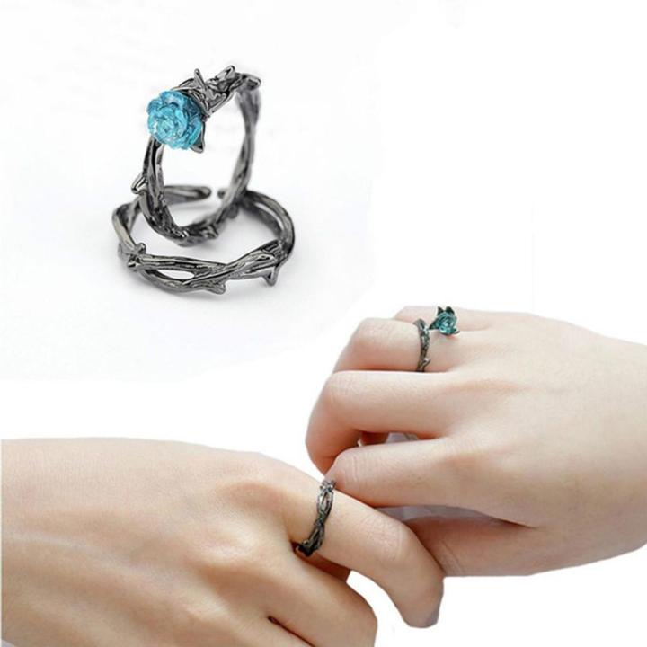 2pcs Gothic BLack Thorns Punk Couple Rings -Paired Blue Crystal Rose ...
