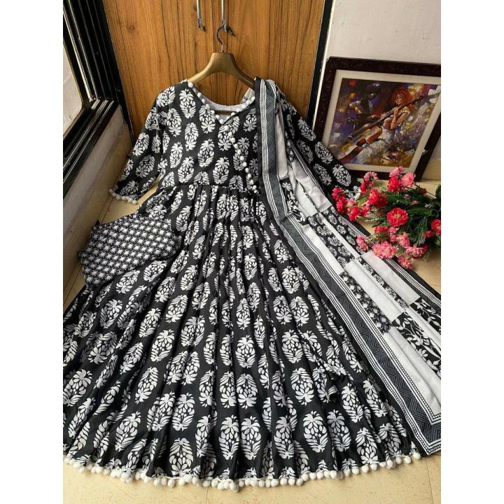 Black Color Readymade Linen Three Pec Gown For Women | Daraz.com.bd