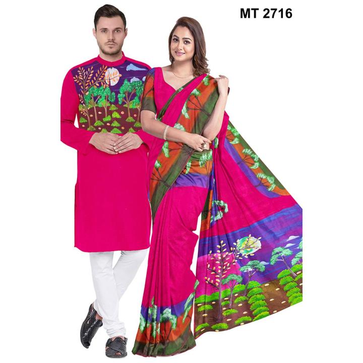 Multicolor Falgun Special Hand Paint Half Silk Saree & Cotton Panjabi ...