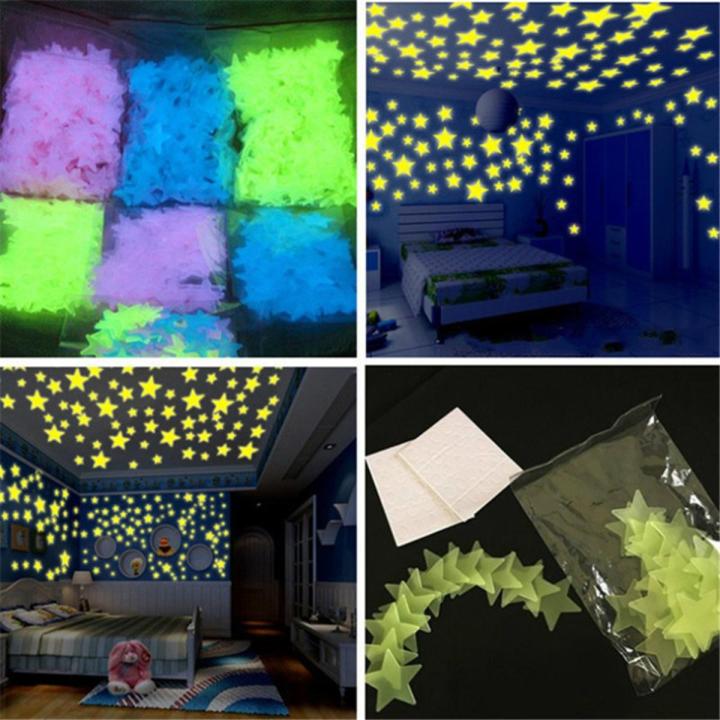 50PCS Luminous Wall Stickers 3D Star And Moon Fluorescent Glow In the ...