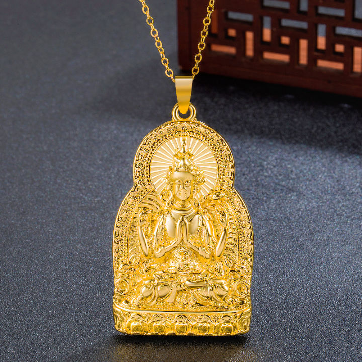 Vintage brass plated 24K yellow gold Ping An Buddha pendant necklace ...