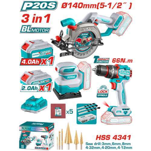 Total 3 PCS LI-ION CORDLESS COMBO KIT 20V-TOSLI241193 | Daraz.com.bd