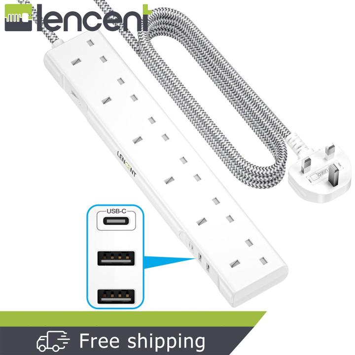 LENCENT 9 in 1 Extension Lead with USB C Port, 3250W 13A, 6 Way Outlets ...