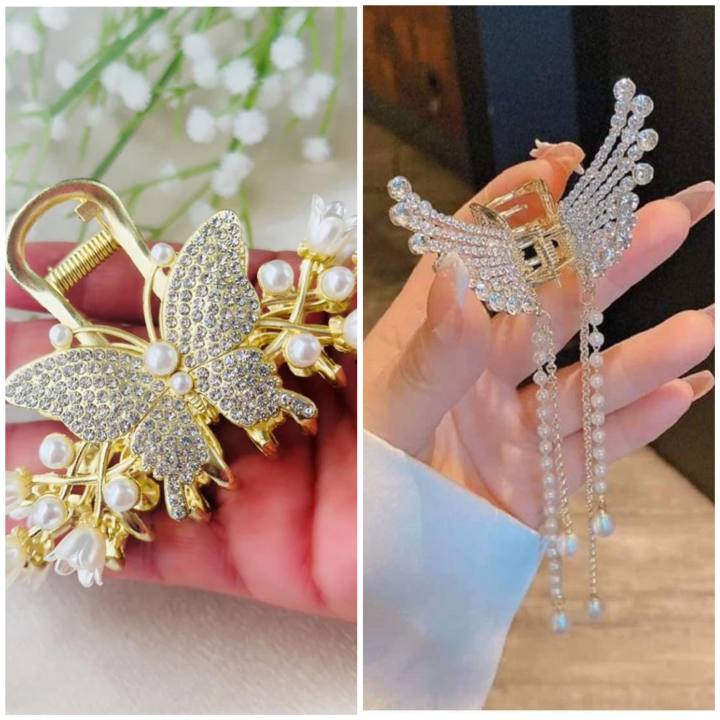 2psc pearl butterfly metal hair clutcher hair claw clips for women ...