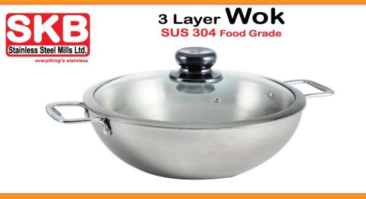 SKB 3 Layer Wok 32cm with Glass Lid, SuS304 Food Grade made by ...