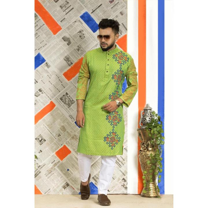 Lemon Green Dupian Silk Panjabi For Men | Daraz.com.bd