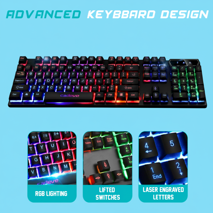 Gaming Keyboard Mouse Combo Black Color Cadeve 9122 RGB Mouse With RGB ...