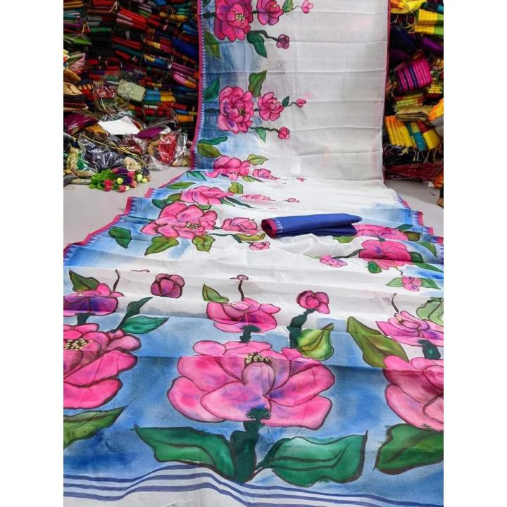 Exclusive Designer Hand Print Resom silk Saree / Resom suti Saree Super ...