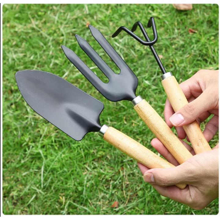Three Piece Wooden Handle Flower Planting Digging Shovel Fork Rake ...