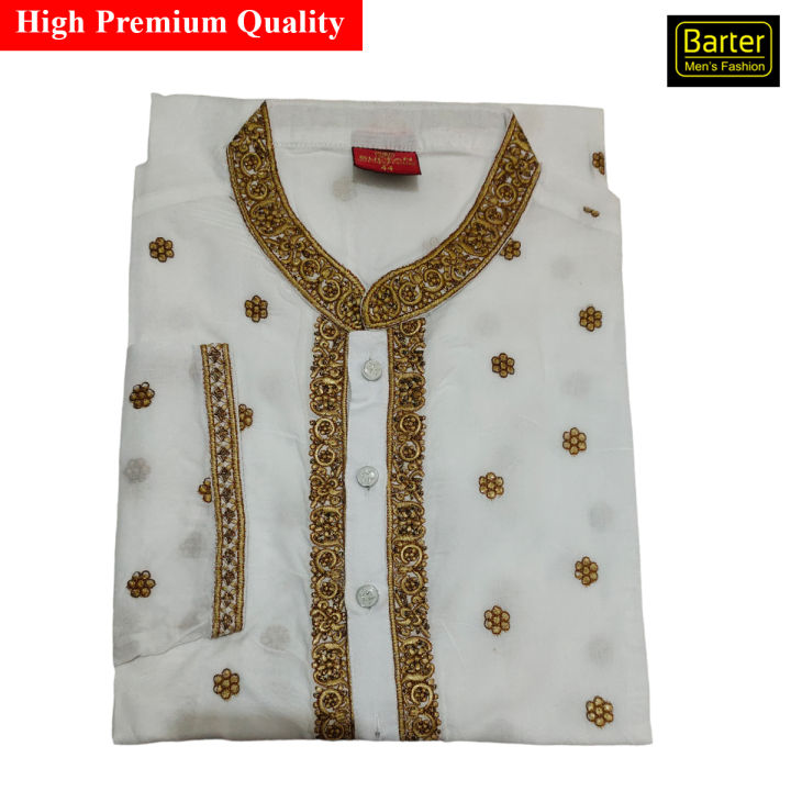 White Panjabi with Full Body Embroidery Soft Dhuti Cotton, Panjabi for ...