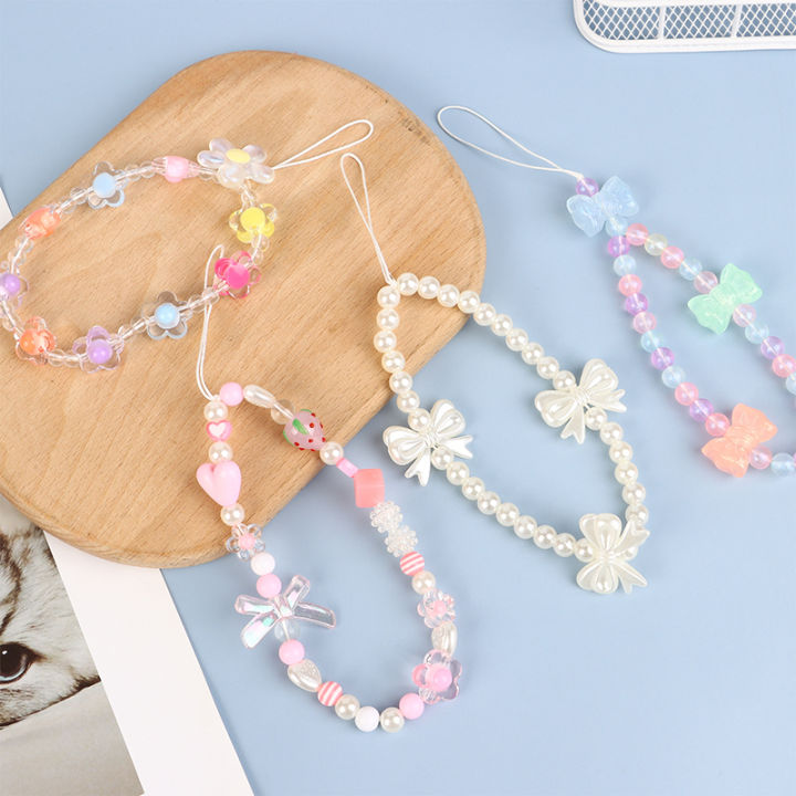 Flowers Phone Chain Beads Pendant Charm Bowknot Hanging Rope Lanyard ...