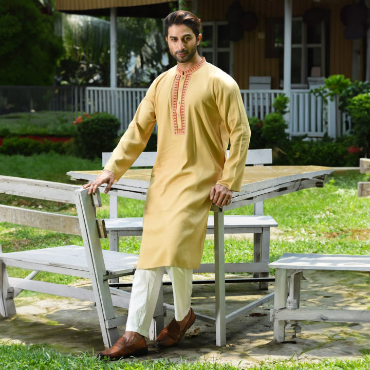 Kay Kraft Tan Jacquard Cotton Printed & Hand Embroidered Panjabi Men'S ...