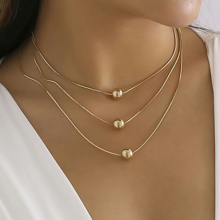 Three Layer Round Ball Pendant Necklace For Women Jewelry Snake Chain ...