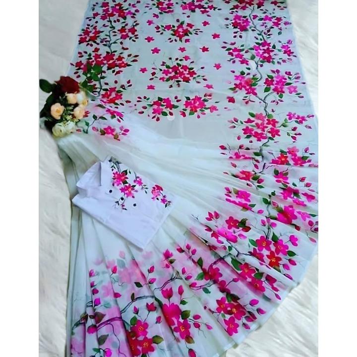 Half Silk Hand Print Saree And Dhupian Panjabi For Combo Men and Women ...