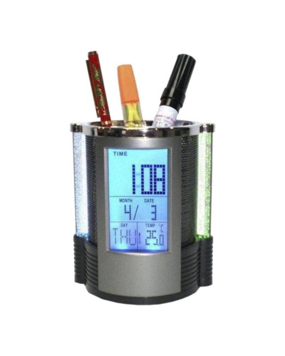 Digital Pen Holder Clock with Temperature Display - Silver | Daraz.com.bd