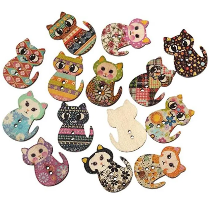 100Pcs Wooden Buttons Cat Shaped 2 Holes Wood Printing Sewing Buttons ...
