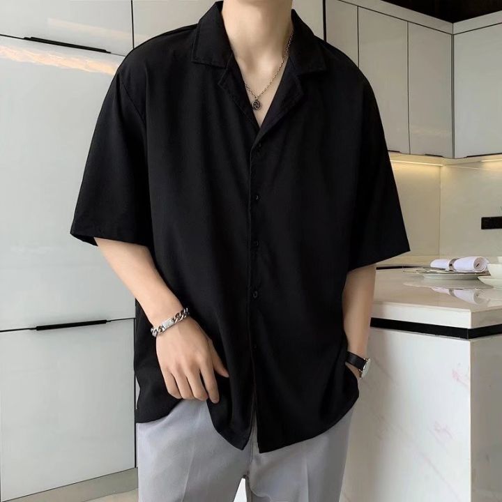 Black Cuban collar men's summer thin drape shirt youth ruff handsome ...