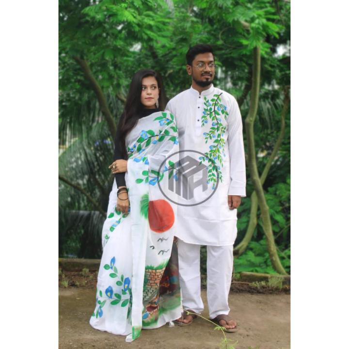 Premium Quality Silk Saree and panjabi For Combo Couple Dress With ...