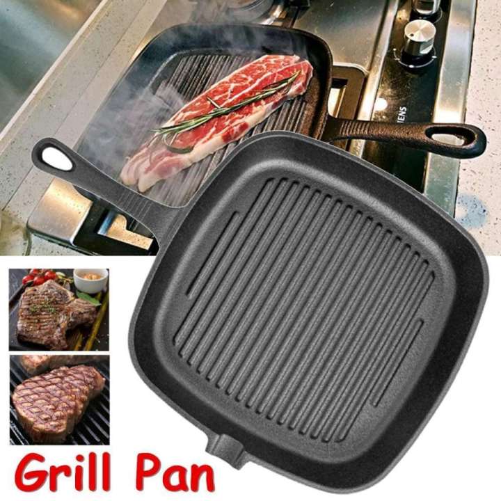 SKILLET GRILL PAN BBQ Grillpan Ribbed Griddle Bottom Cast Iron Cookware ...