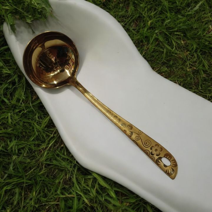 Versatile Cooking and Serving Spoon: 9 Inch Golden Stainless Steel Big ...