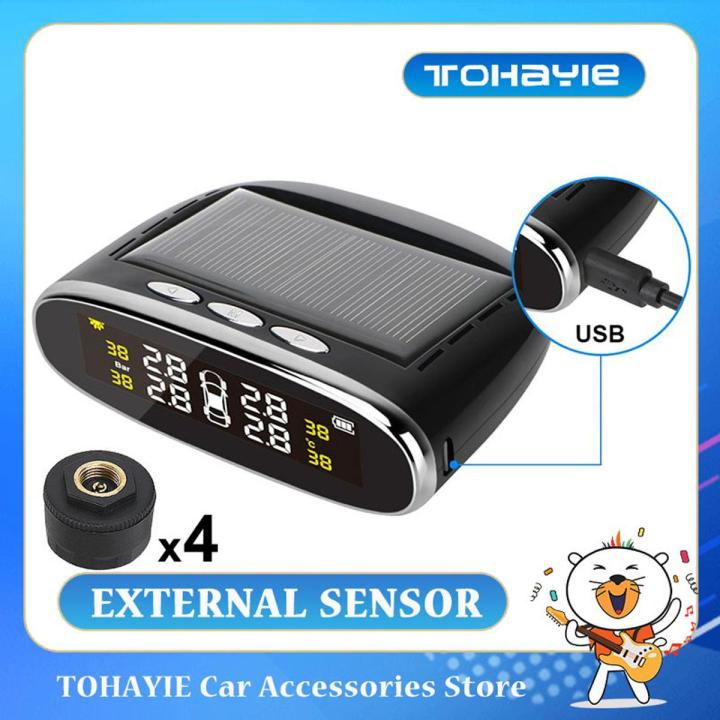 TOHAYIE Temperature Alert Intelligent Solar Power TPMS With 4 External Sensor Car Tire Pressure ...